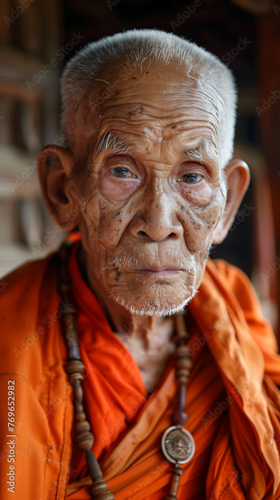 Portrait of an old Buddhist monk, in the Asian temple, his face is ...