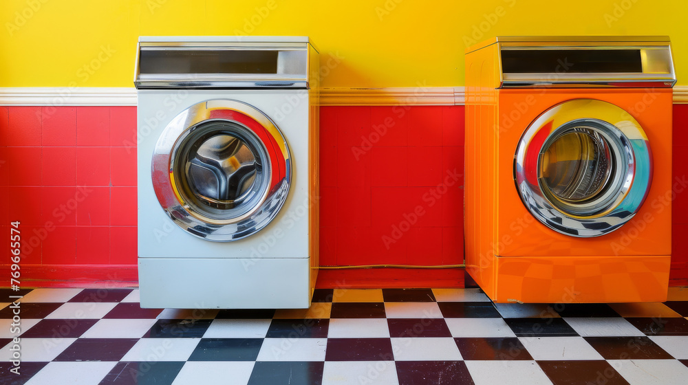 Mid-century modern interior design of laundry room two vibrant washing ...