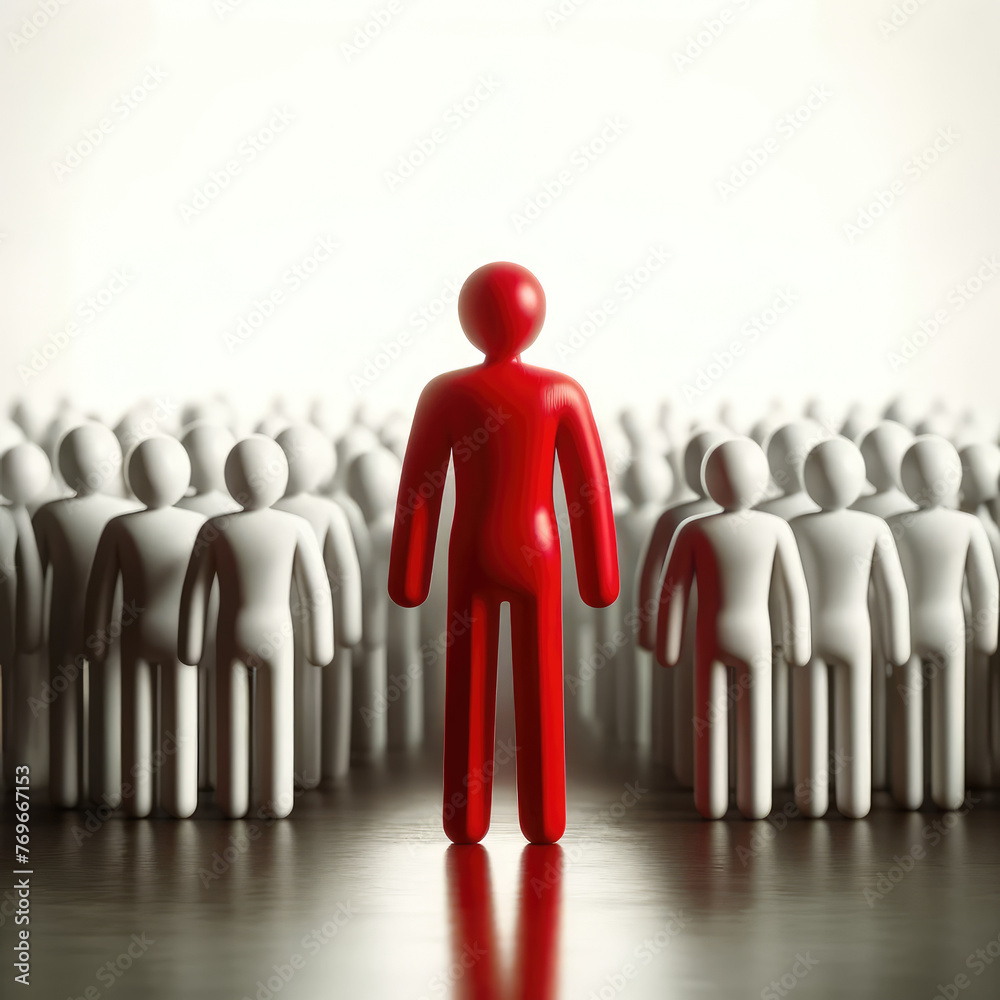 A red man stands in front of a crowd of white people. The red man is ...