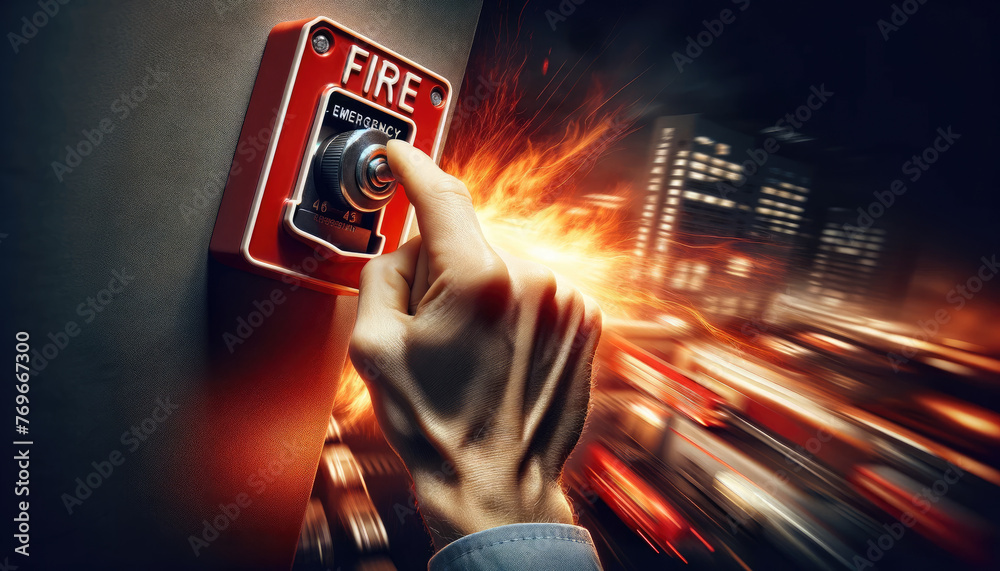 A hand is pressing a red fire alarm button. The image has a sense of ...