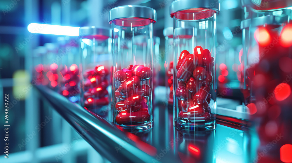 A visually engaging display of red capsules contained in transparent ...