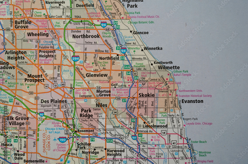 Map of the northern suburbs of Chicago, Illinois, including Park Ridge ...