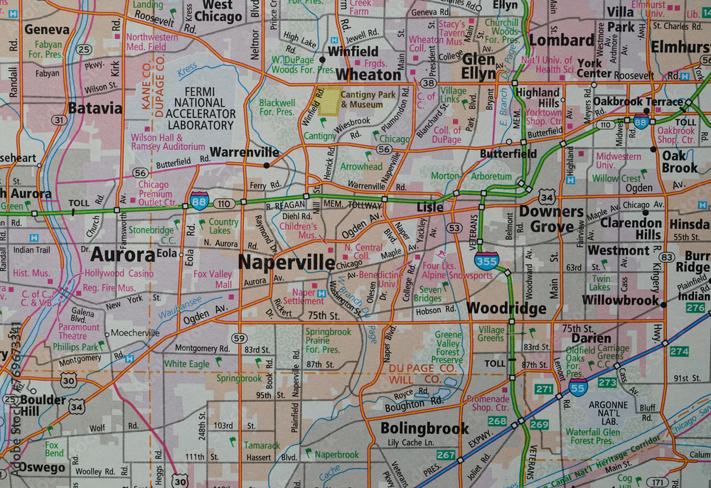 Map of the western Chicago Illinois suburbs, including Naperville ...