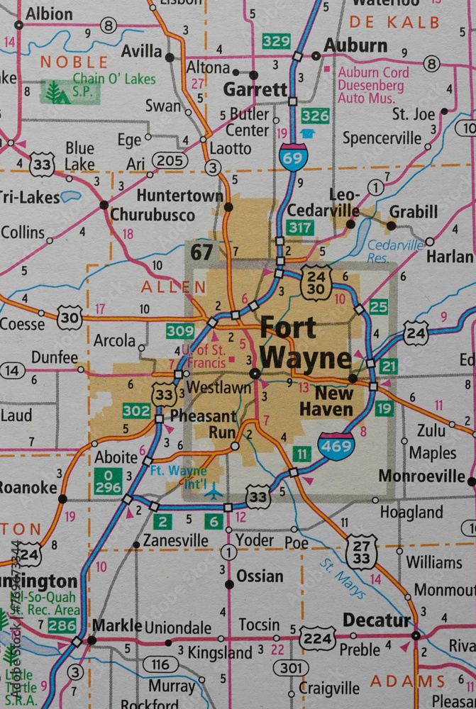 Map of the Fort Wayne, Indiana area from a road atlas. Stock Photo ...