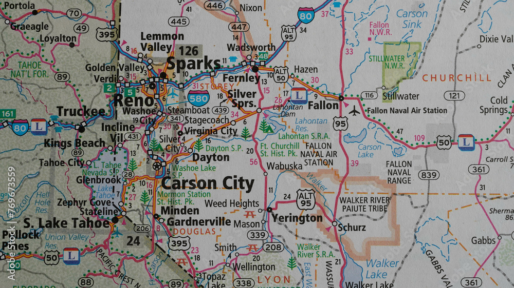 Close-up view of a map of the Carson City and Lake Tahoe area at the ...