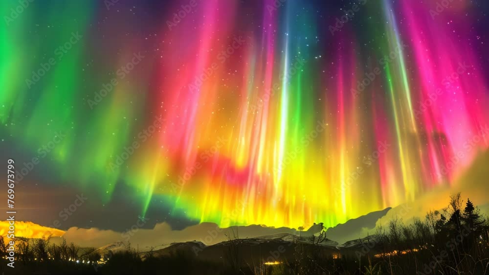 Vibrant aurora in red, green, blue and purple hues paint the night sky ...