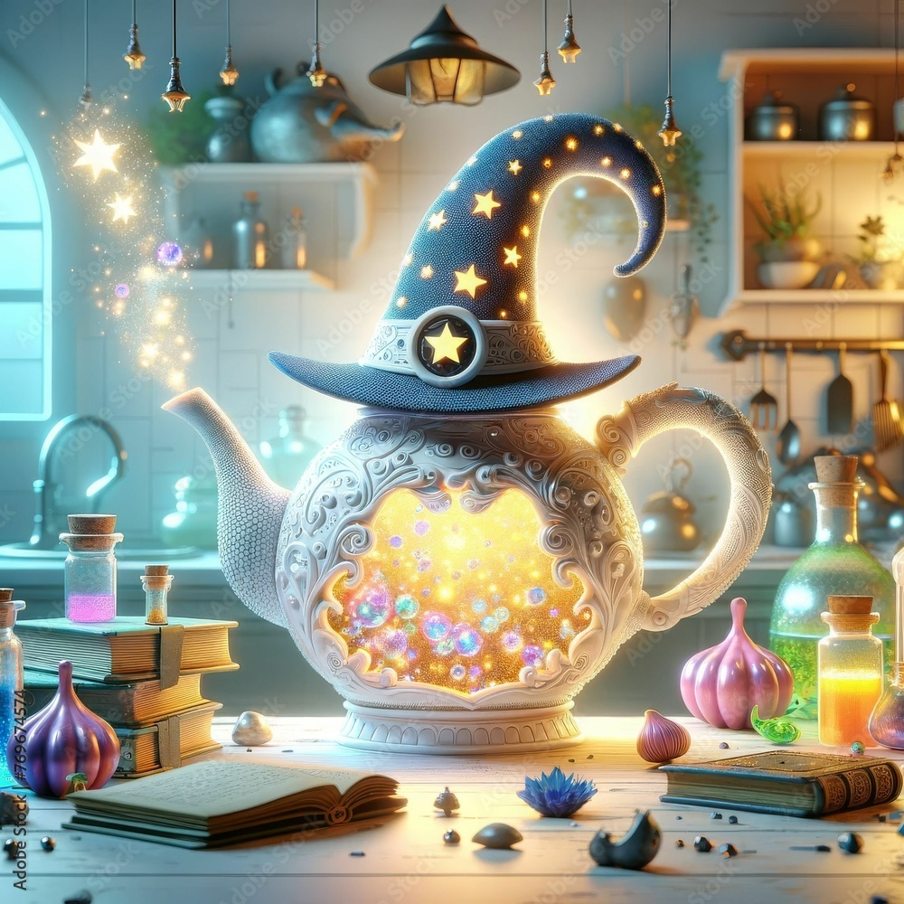 A mystical teapot, adorned with a wizard's hat, brews an enchanting ...