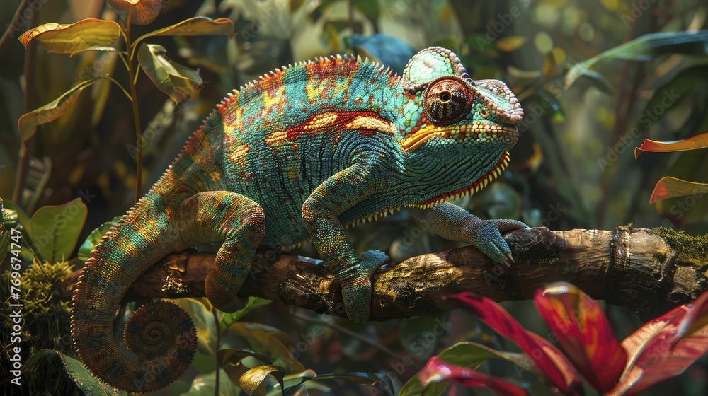 Chameleon shifting colors in a tropical forest, blending into an ...