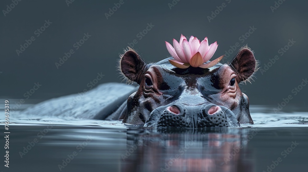 Hippopotamus emerging from water with a lotus flower on its head ...