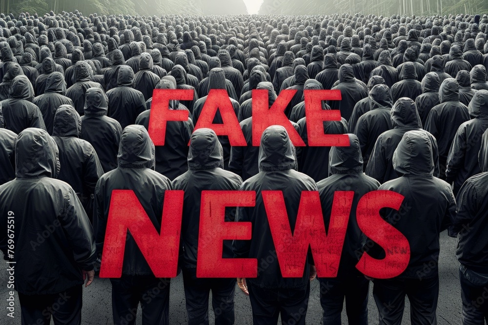 A diverse crowd of people gathered in front of a striking red sign ...