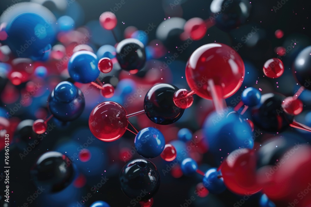 Dynamic molecular structure with red and blue spheres, illustrating the ...