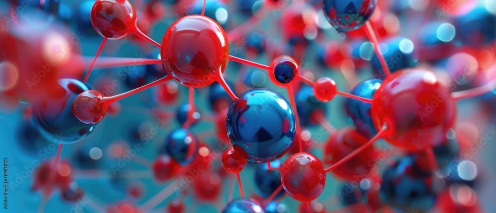 Electrons orbiting a nucleus of red and blue spheres, depicting the ...