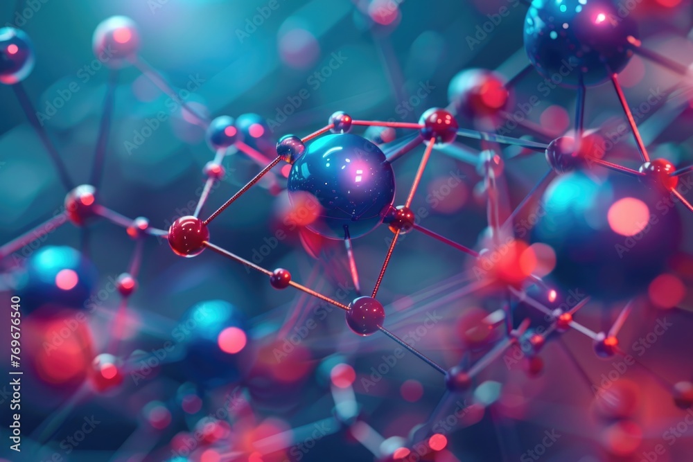 Red and blue atoms in a lattice structure, vibrating with energy and ...