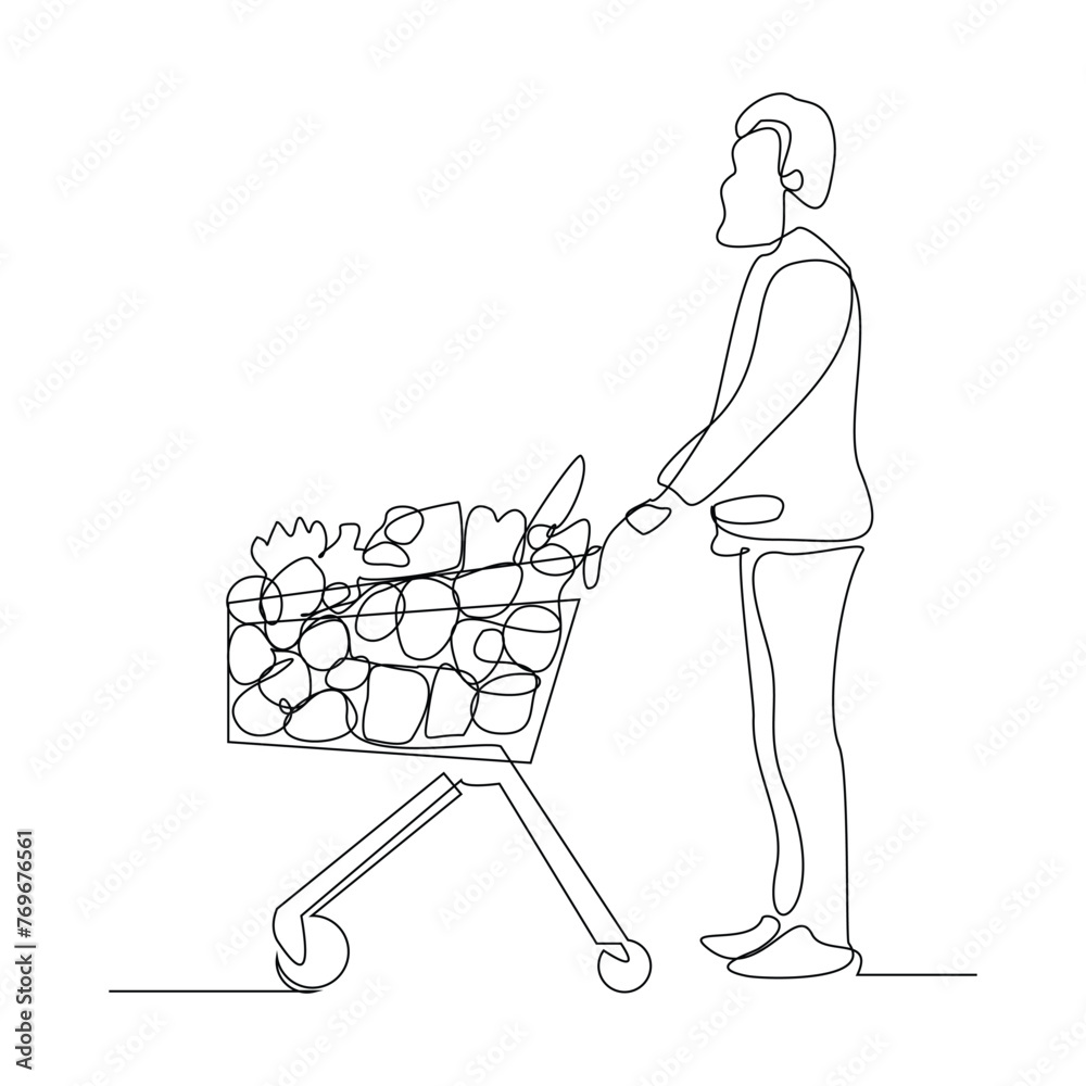 Continuous single line sketch drawing young happy man pushing shopping ...
