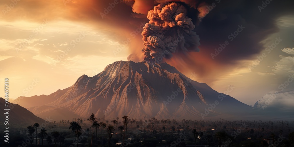 Catastrophic scene: volcanic eruption, explosions, smoke, fire, and ...
