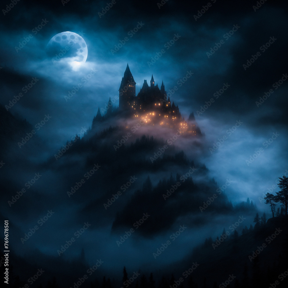 epic majestic scenery with fairy tale castle surrounded with a dense ...