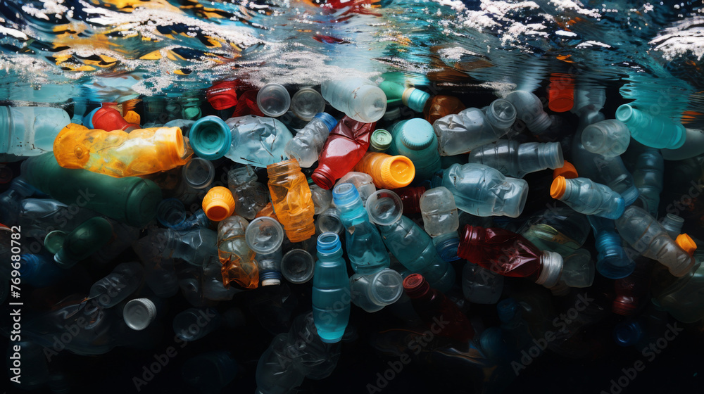 Ocean plagued by plastic pollution: an underwater scene of discarded ...