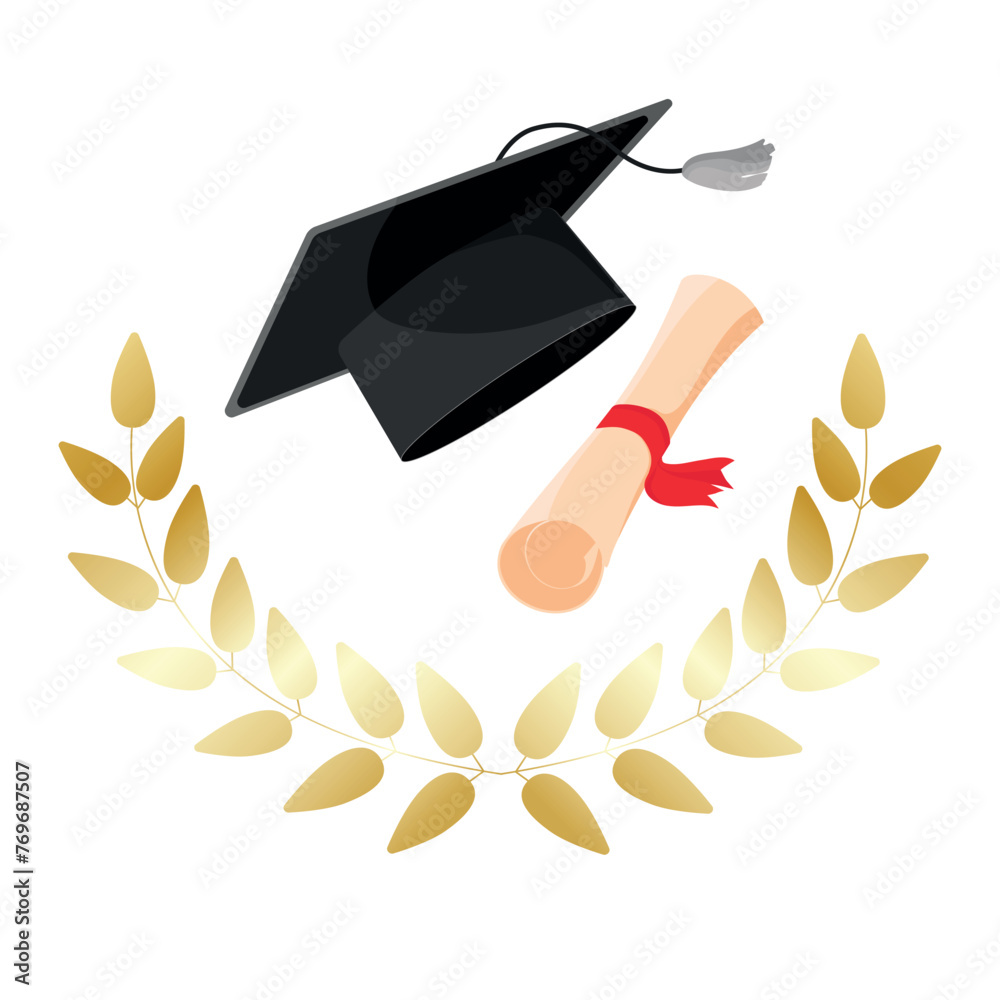 Graduation cap with paper scroll diploma in a golden laurel wreath vector isolated on white ...