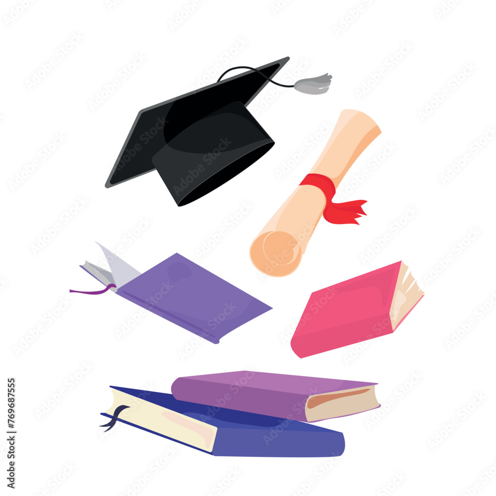 Graduate cap with diploma scroll and books flying in the air vector ...