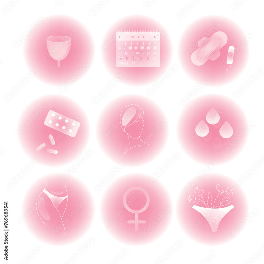 Menstruation and feminine hygiene icon set. Monthly menstrual cycle ...
