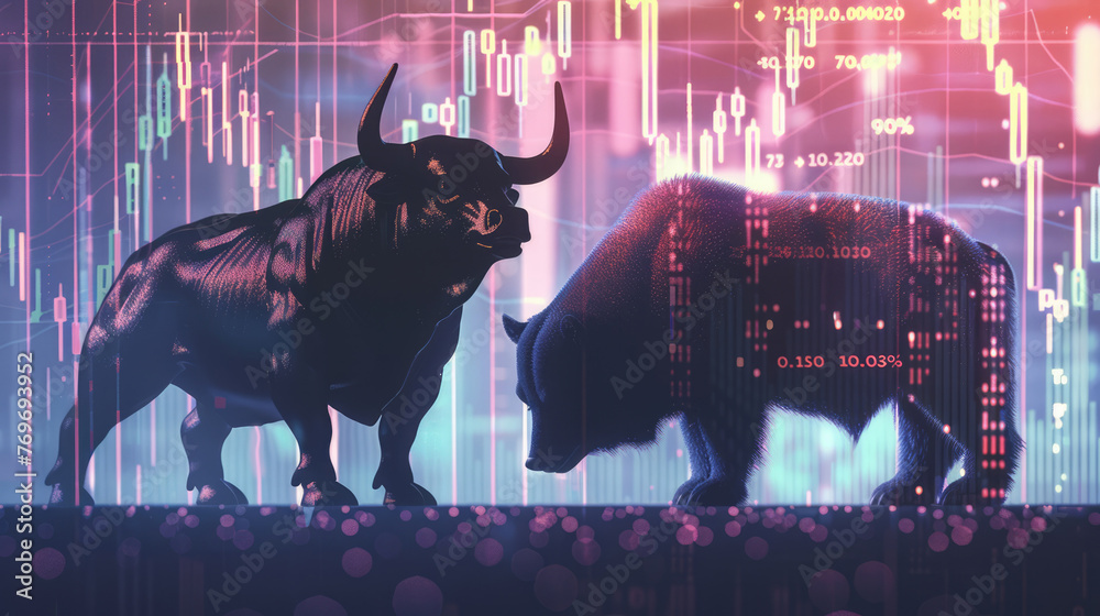 Bull and bear background. Double exposure of bull and bearish stock ...