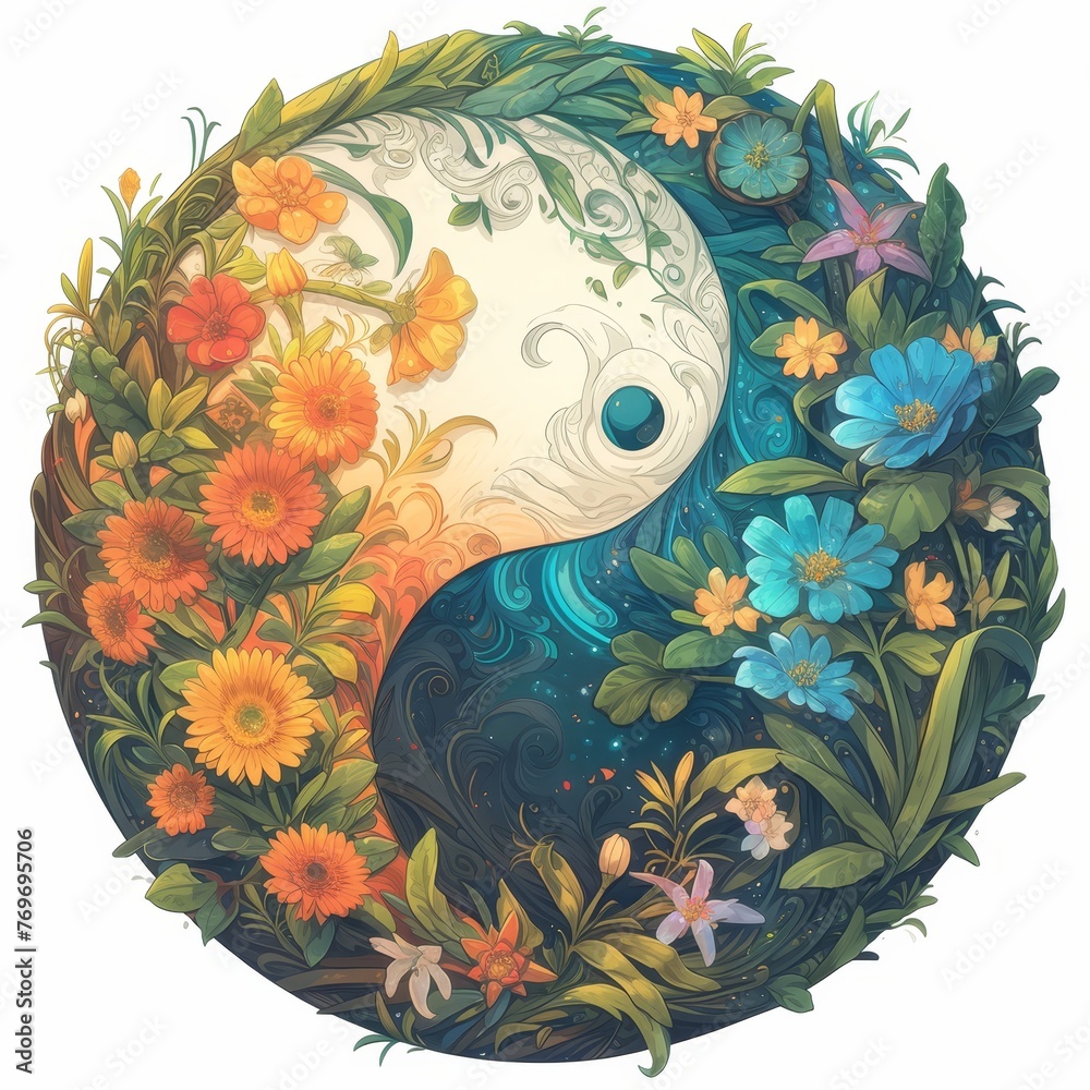 A colorful yin yang symbol with blooming flowers and lush greenery ...