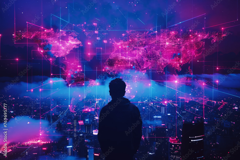 Man Observing Futuristic Digital World Map Silhouetted against a ...