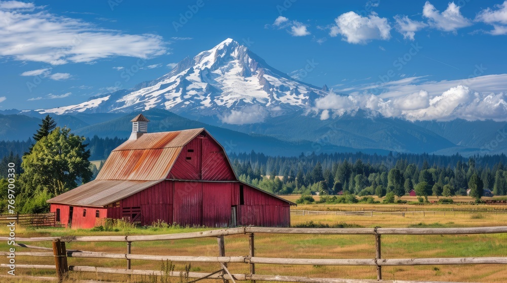Traditional American farm with a red wooden barn. Old red barn in rural ...