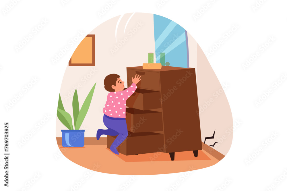 Dangers for kids concept with people scene in flat cartoon design. The ...