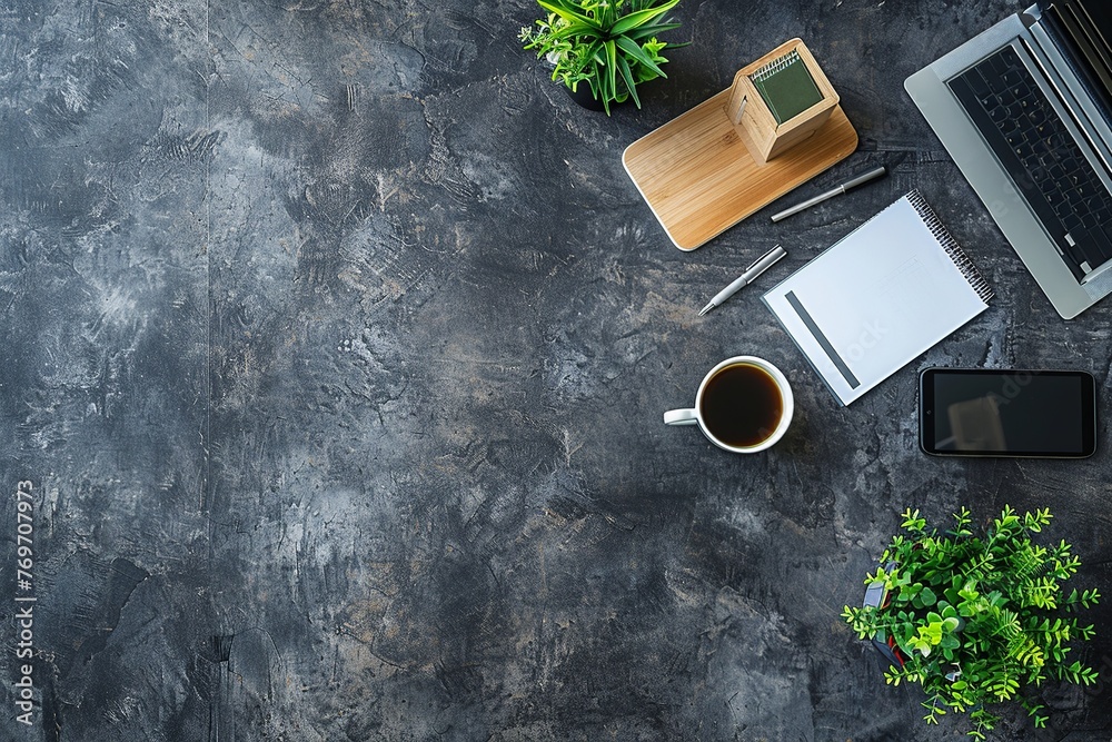 Visualize a top view of a sleek office table paired with a comfortable ...
