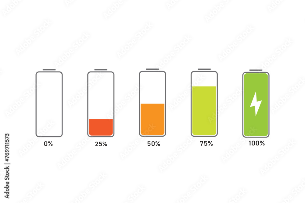 Battery charge level set. Battery charging, charge indicator. Battery ...