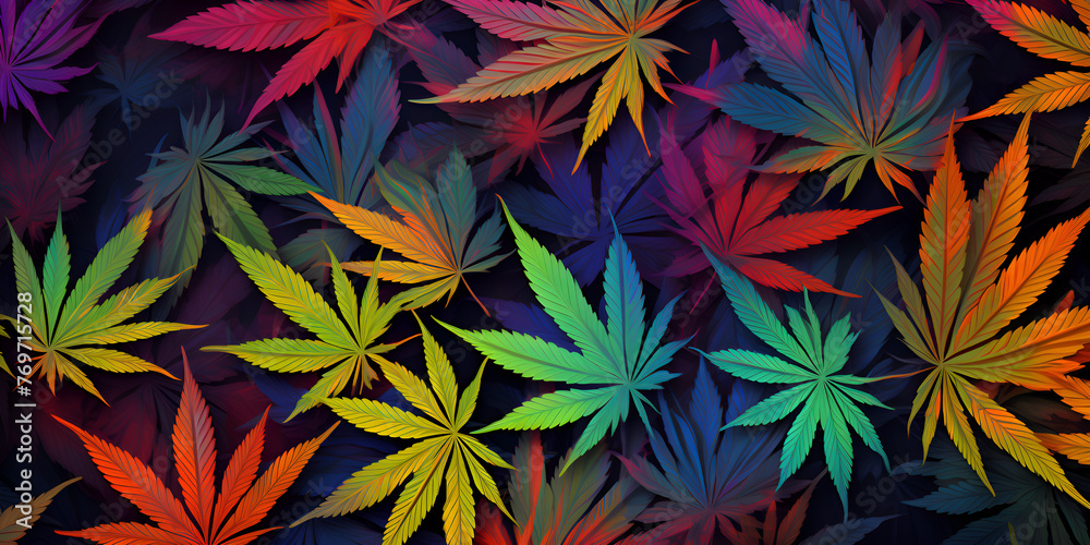 A vibrant overlapping cannabis leaves, rich gradient, spectrum of ...