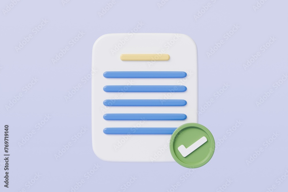 3D Minimal Business documents note paper with checkmark or tick mark icon. Sheets of paper ...