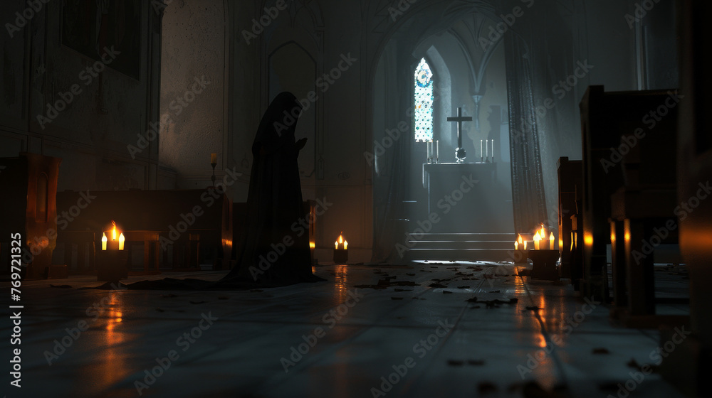 A hyper-realistic 3D model of a nun in prayer her silhouette outlined ...
