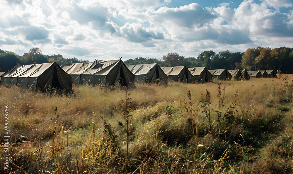 Military tent in the field big tent city field camp in nature military ...