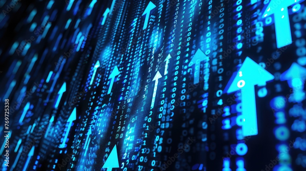 Blue data against blue arrows on black background, concept of business, Abstract technical ...