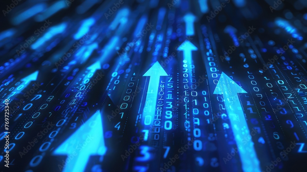 Blue data against blue arrows on black background, concept of business, Abstract technical ...