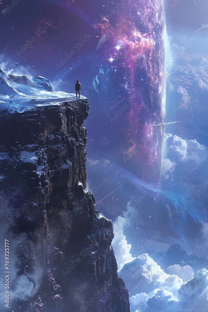 Atop a mountain peak veiled in cosmic mist, a couple shares a moment of ...