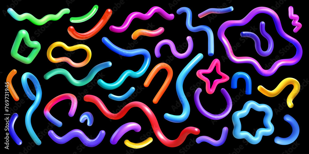 Collection of various 3D vector lines of various colors. Wavy lines ...