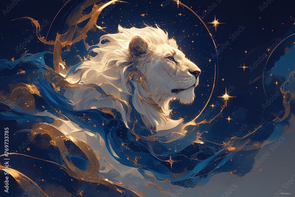 A mystical zodiac sign, the Leo with stars forming an outline of a lion ...