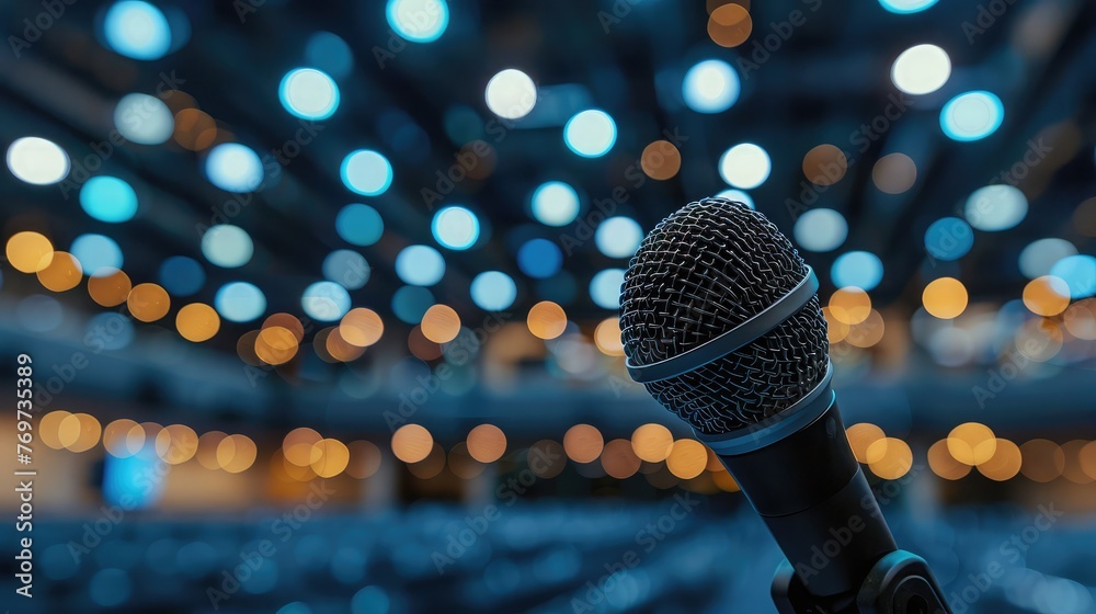 Microphone over the Abstract blurred photo of conference hall or ...
