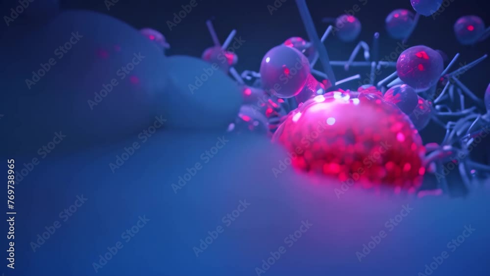 3D illustration of SARS-CoV-2 virus cells infecting human blood cells ...