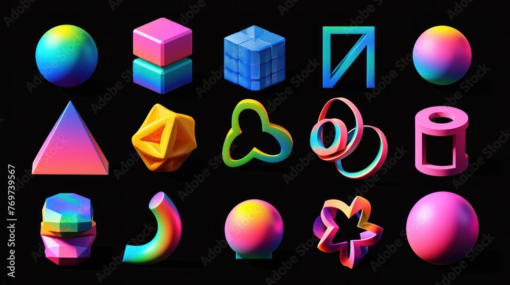 3d render. Collection of assorted geometric shapes. Set of different ...