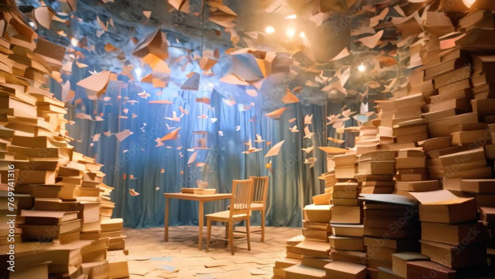 Pile of old books in a room with blue curtains. 3d rendering, Enter a ...
