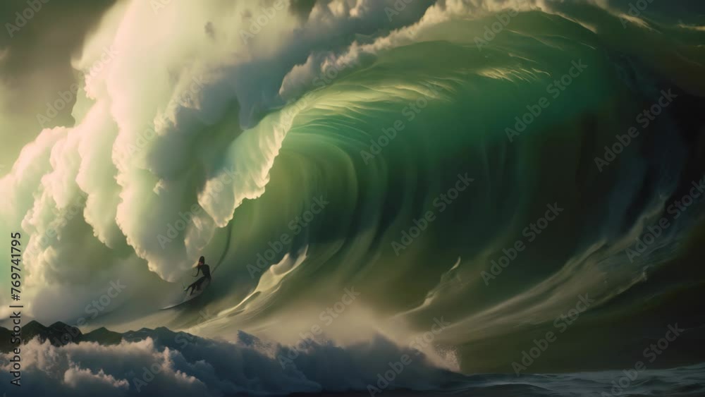 Surfer on big ocean wave. 3D Rendering effect, Extreme surfers riding ...