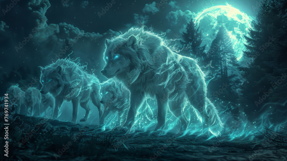 Glowing spectral wolves prowling a dark forest under a full moon Stock ...