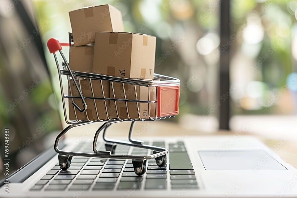 Imagine a symbolic online shopping concept where a cart filled with ...