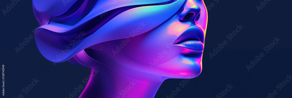 Stylized rendition of a face against a multicolored gradient background ...
