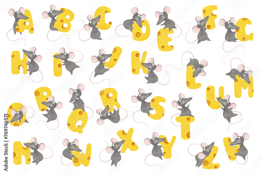 Bright cheese alphabet. Cute and funny rat with letter. Tasty ...