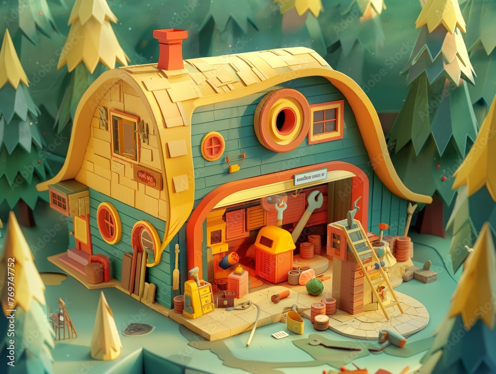 A cartoon house with a garage and a ladder. The house is yellow and ...